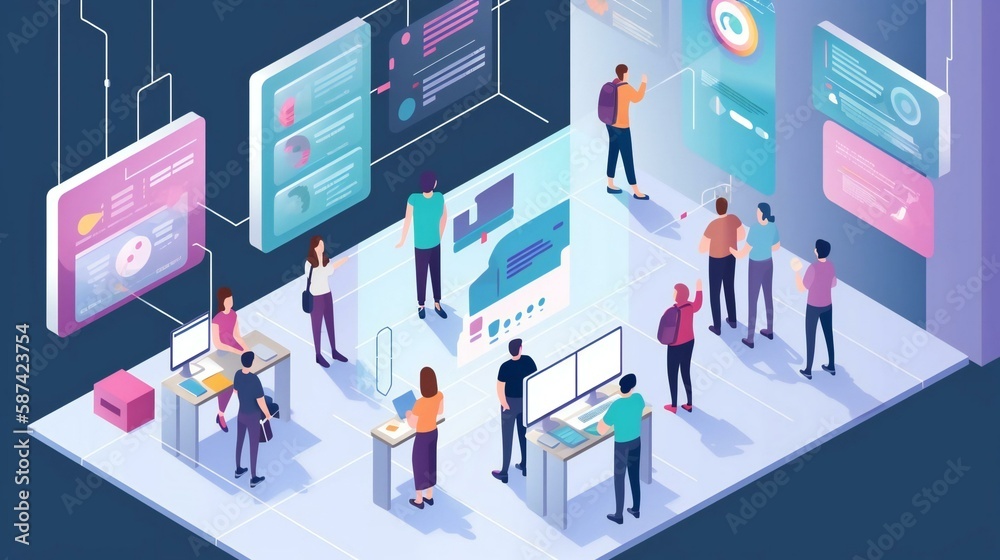 Depict teams of professionals working together using large interactive ...