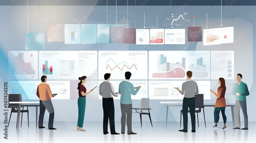 Depict teams of professionals working together using large interactive ...