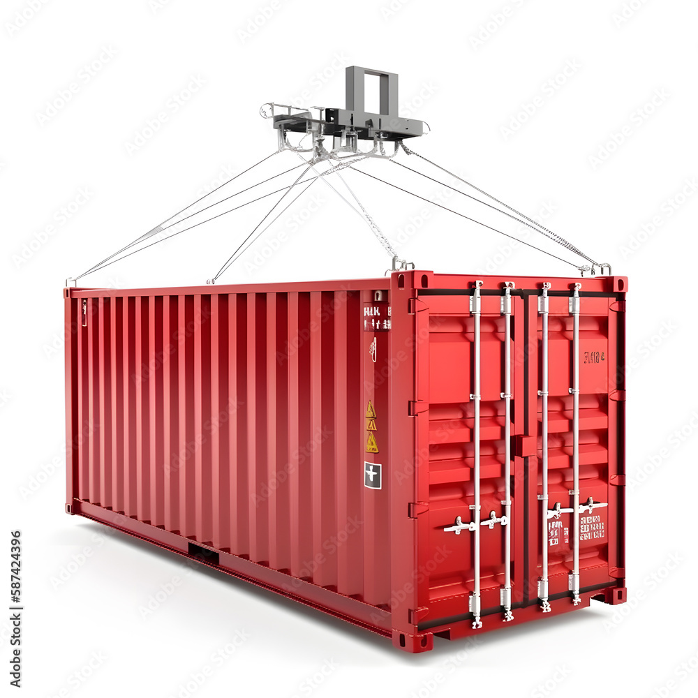 Red twenty feet cargo container hanging on a crane hook Isolated on ...