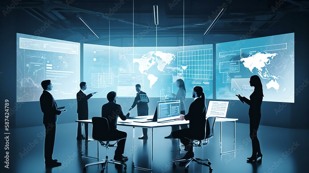 Depict teams of professionals working together using large interactive ...