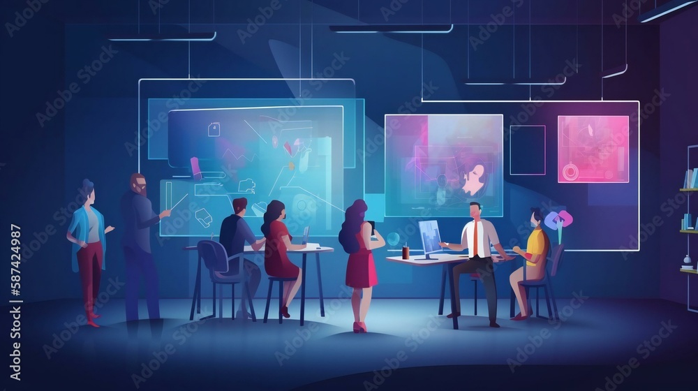 Depict teams of professionals working together using large interactive ...