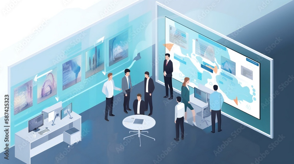 Depict teams of professionals working together using large interactive ...