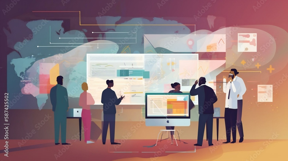 Depict teams of professionals working together using large interactive ...