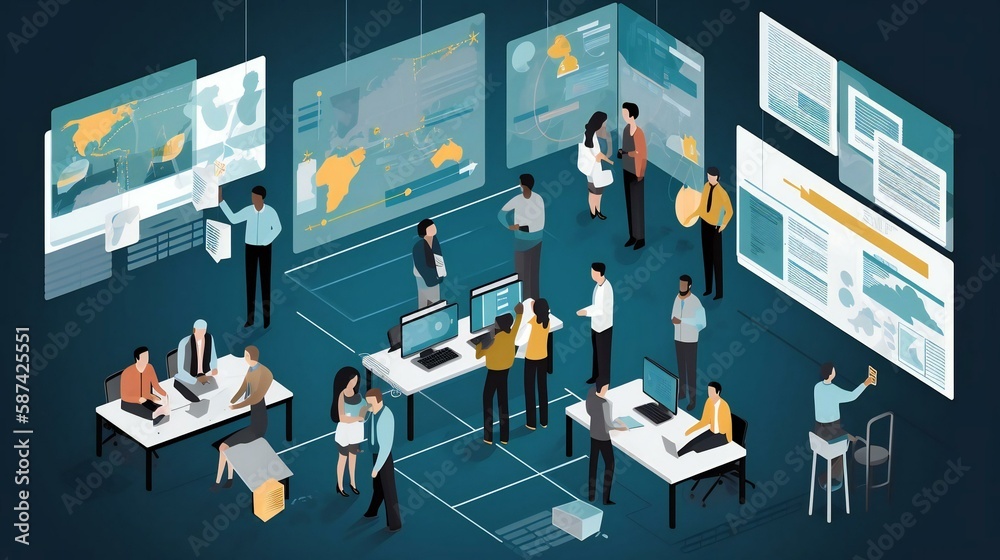 Depict teams of professionals working together using large interactive ...