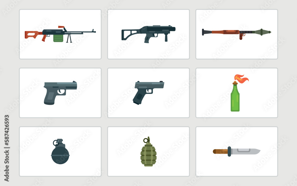 Weapon icons, Firearm set, grenade launcher, grenades, Molotov cocktail ...