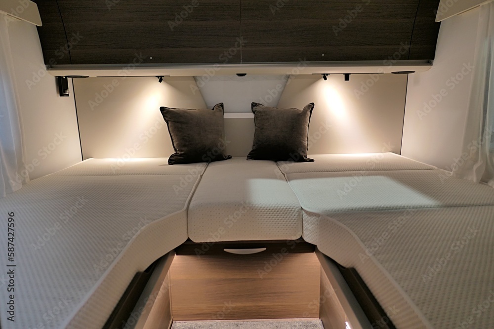 Raised U shaped beds in rear part of camper van of Slovenian ...