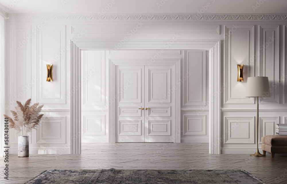 White neoclassical interior. Luxury living room with double doors ...