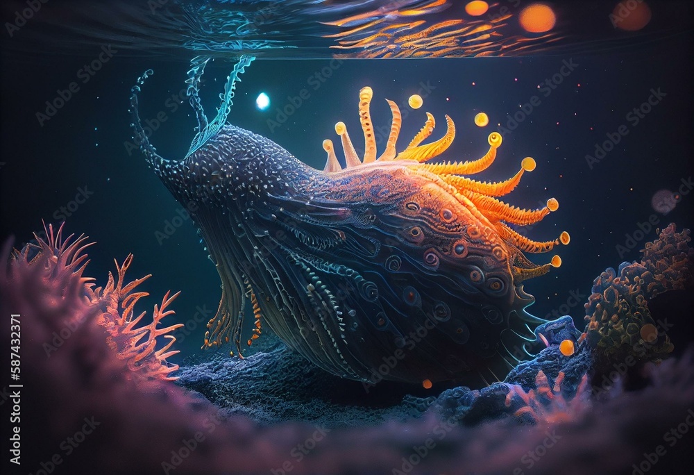 Strange imaginary animal underwater, with shell and tentacles ...