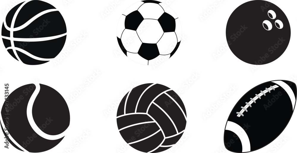 Set of sports balls black and white vector images. Silhouette graphics ...