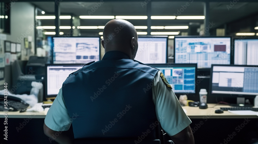 911 Emergency Response, A Police Officer at Work in a Call Center with ...