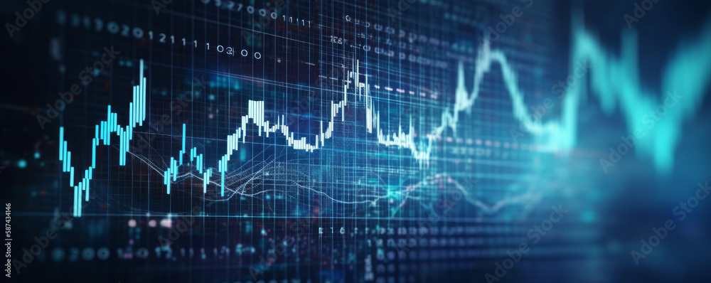 Business analysis and economic graph charts are displayed on a blue ...