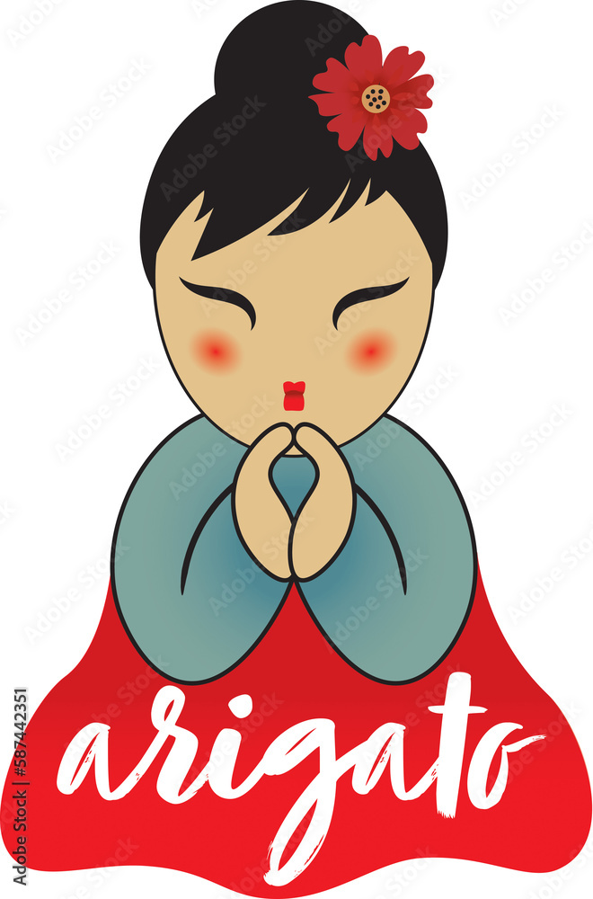Cartoon japanese woman greeting with arigato text icon Stock ...