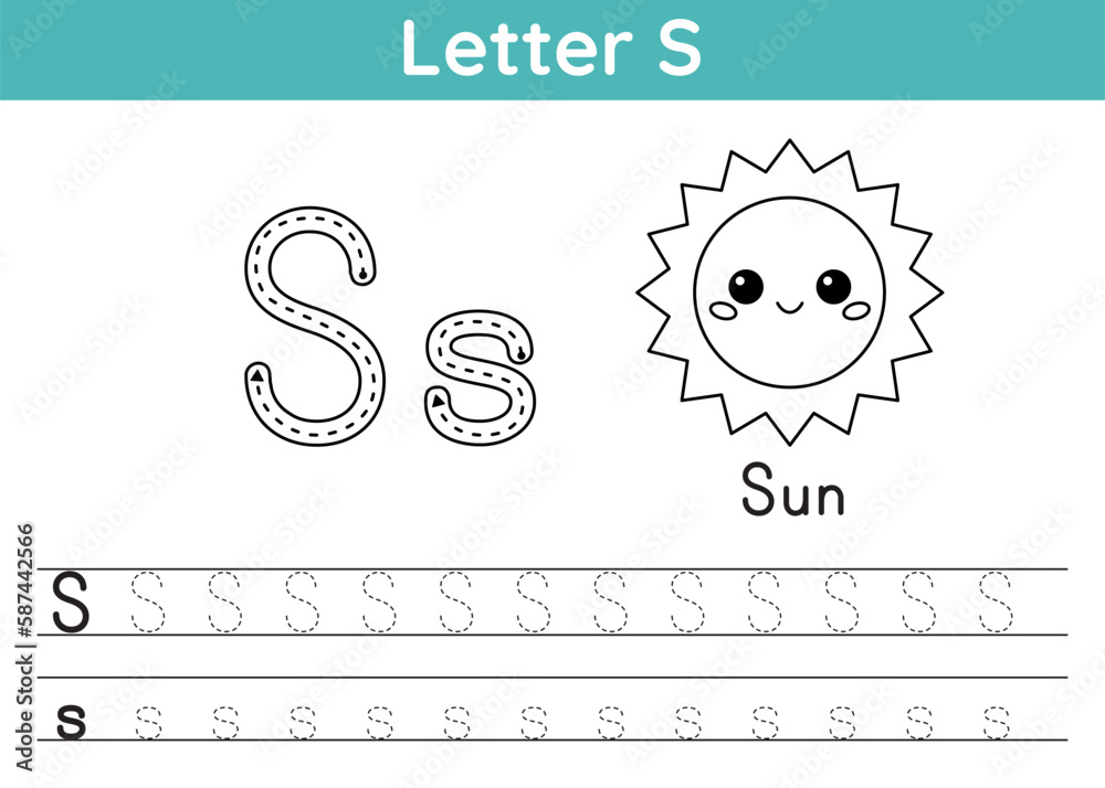 Alphabet ABC, a-z exercise. Coloring page. Trace letter S. Vocabulary ...