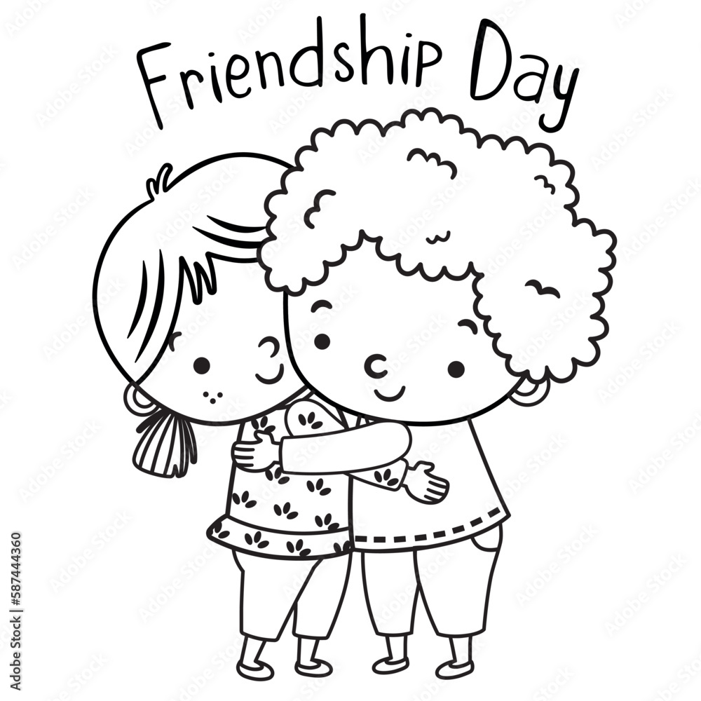 Black and White Happy Friendship Day. Two international children ...