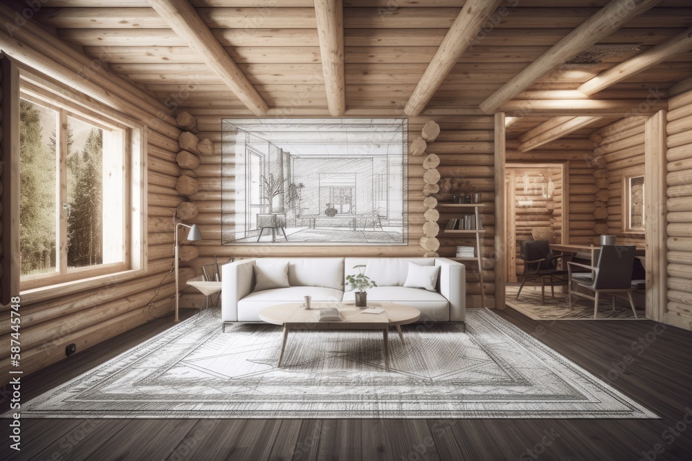 Unfinished log cabin living room blueprint. Carpet, fabric sofa ...
