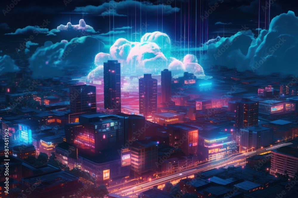 The Future Arrives: 8K High-Tech Cartoon Cityscape with Neon Cloud ...