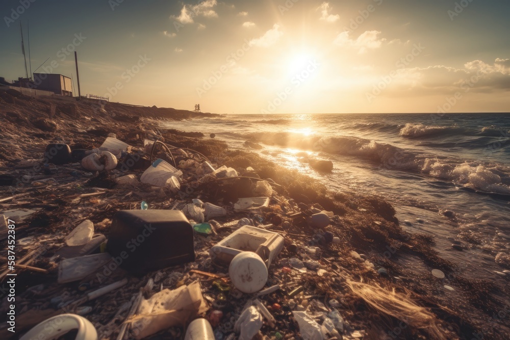 A striking photo of a polluted beach, with the emphasis on the ...