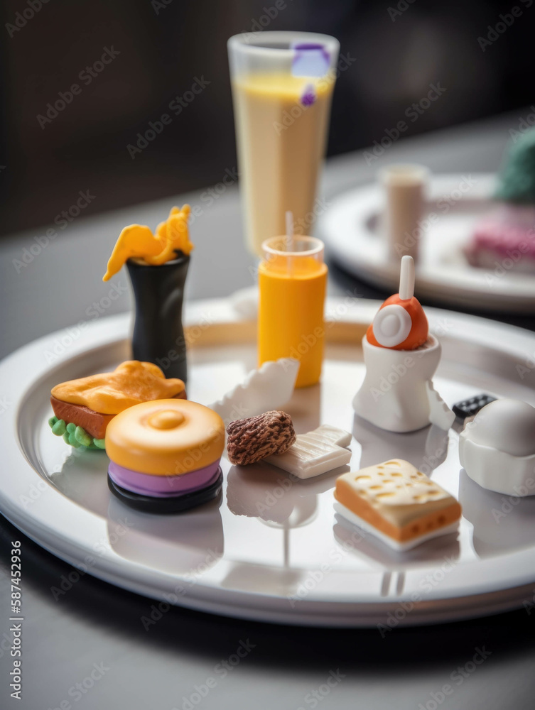 A composed meal of 3D printed foods that look like mini sculptures ...