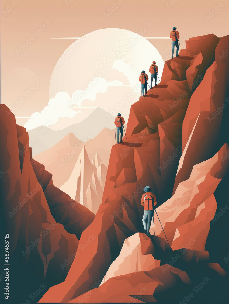 A team of hikers carefully climbing up a jagged mountain following the ...