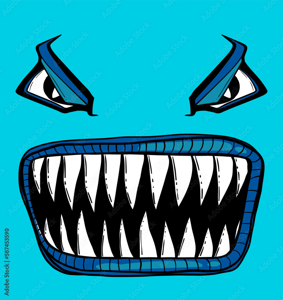 Cartoon monster face with sharp teeth sand evil eyes. angry facial ...
