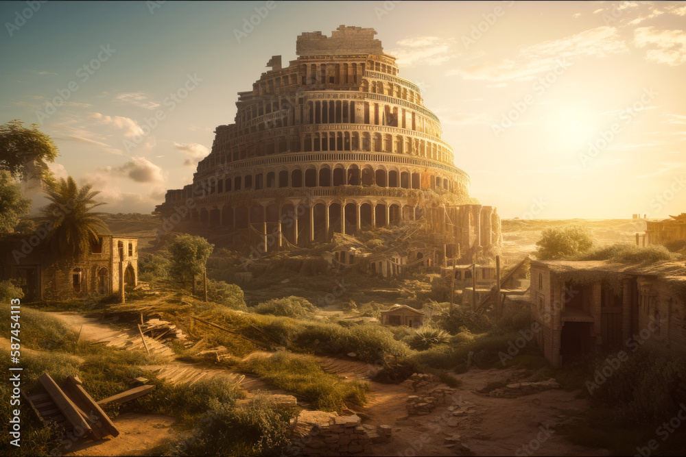 Ancient city of Babylon with the tower of Babel, bible and religion. AI ...