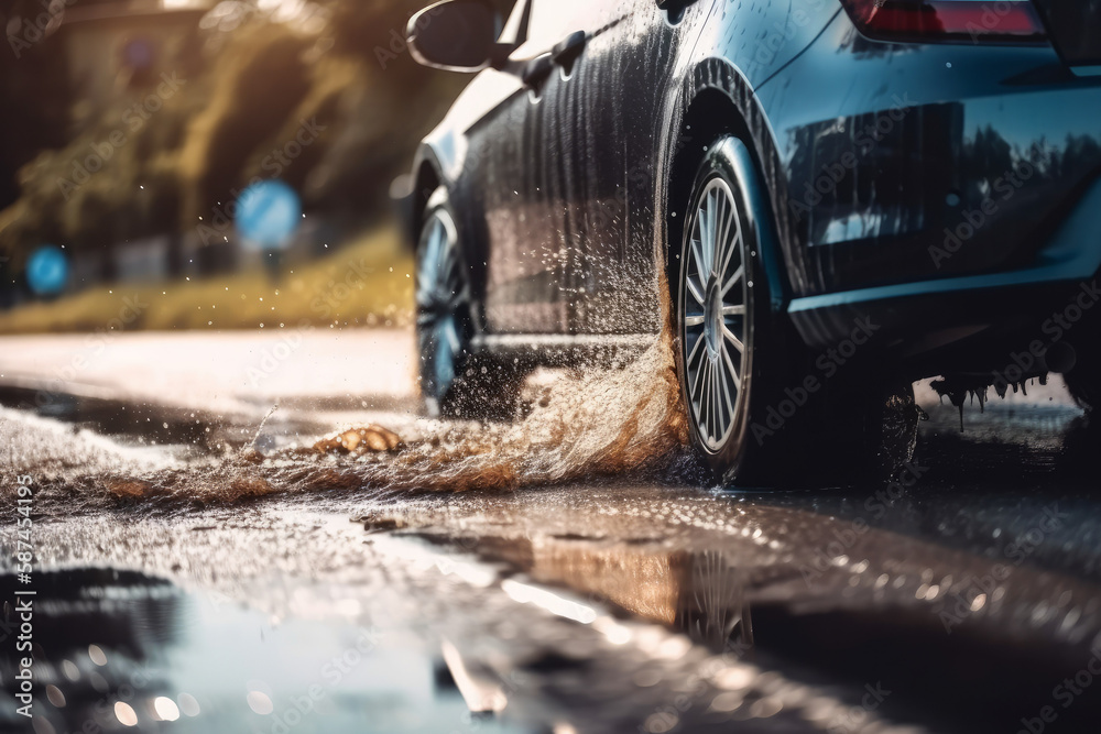 Splashes and underside of a car wheel with selective focus and blurred ...