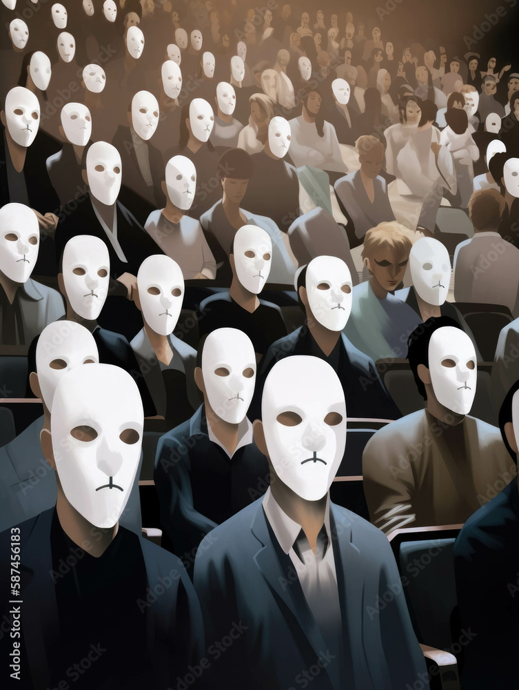 A crowd of people wearing white masks gathering in an auditorium and ...