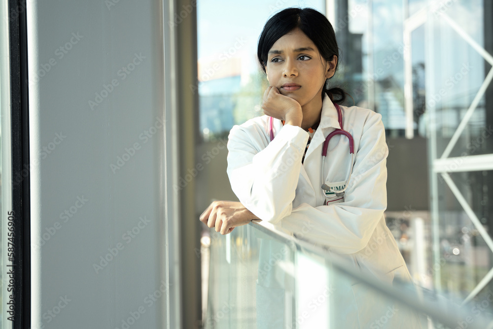 Portrait of sad medical student fail exam looking away in university ...