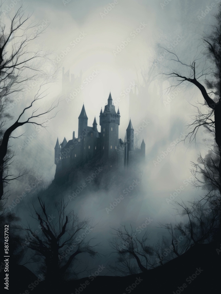 An eerie een fog hangs in the air cloaking the gothic castle in an ...