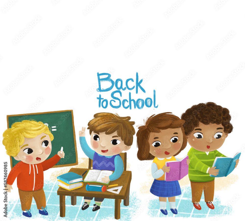 cartoon child kid boy and girl pupils going to school learning solving ...