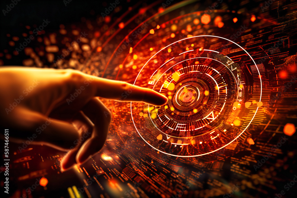 Hand reaching for a target symbol with a grid of business icons ...