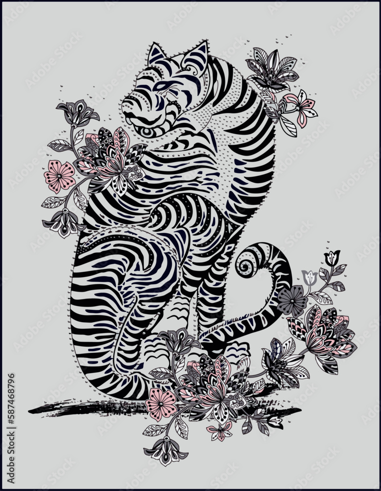 T shirt Design with Asian Tiger and Flowers, Asian tigers, japanese ...