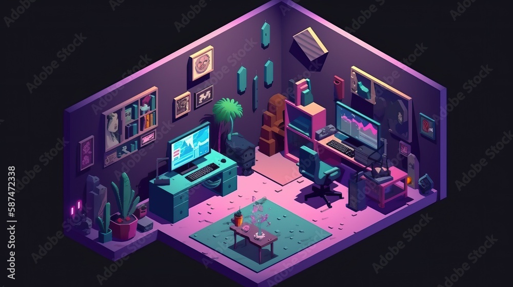 32-bit Isometric Gaming Room Design - generative AI Stock Illustration ...