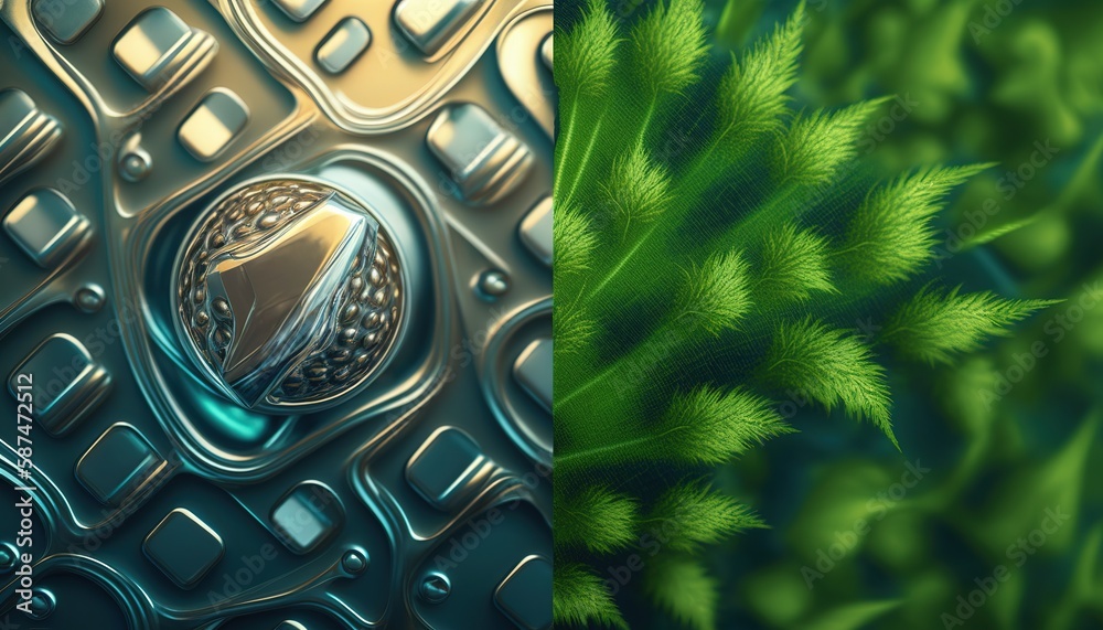 Futuristic metal texture and green plant texture in one backgrou Stock ...