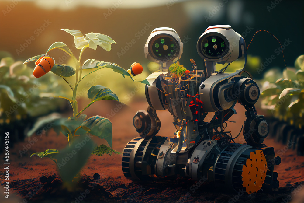 Smart robotic farmers. A smart robot installed in a greenhouse to grow ...
