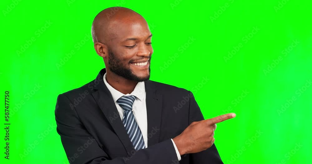 Green screen face, professional and happy man point at commercial ...