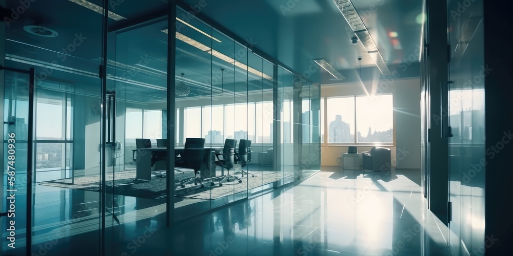 An empty office building with panoramic windows. Foyer in the office ...