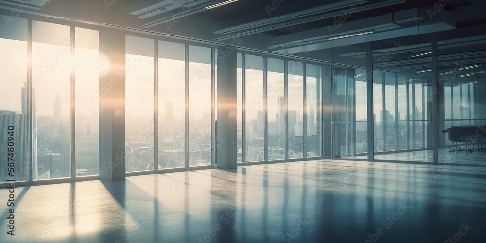 An empty office building with panoramic windows. Foyer in the office ...