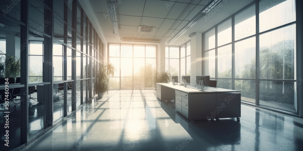 The interior of a modern empty office building. An office without ...