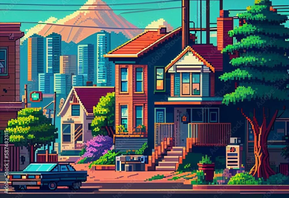 Pixel art city landscape with with buildings, houses, streets ...