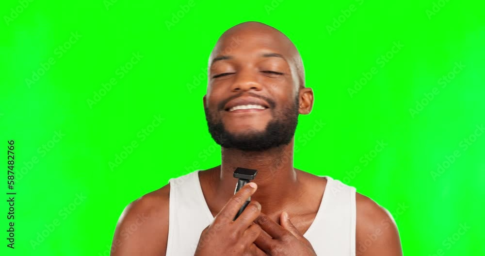 Black man, face hair removal and green screen, shaving and smile in portrait, beauty and ...