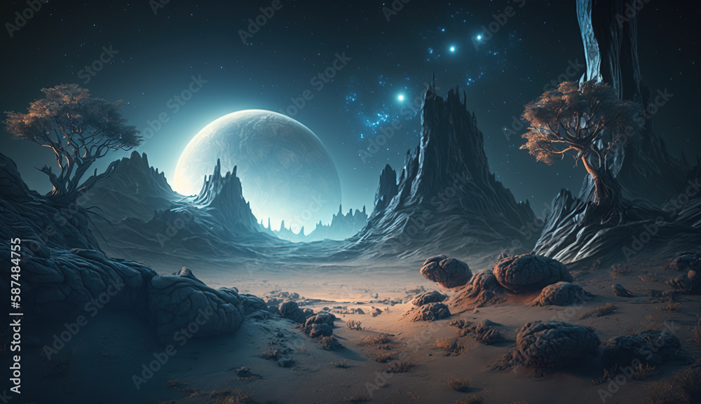 Generative AI. Space Art: Alien Planet - A Fantasy Landscape with dark ...