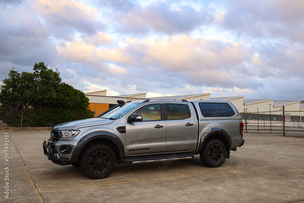 Brisbane QLD Australia: 18 March 2023- Silver Ford Ranger in industrial ...