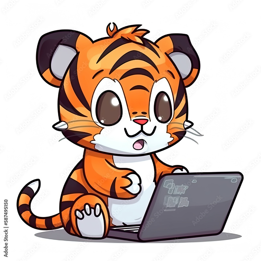 Cute tiger with laptop computer, cartoon chibi style, AI generative ...