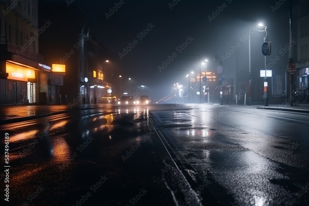 Dark empty street scene with wet asphalt reflecting neon lights ...