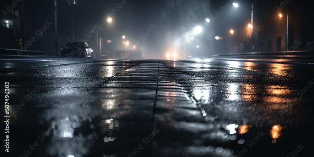 Dark empty street scene with wet asphalt reflecting neon lights ...