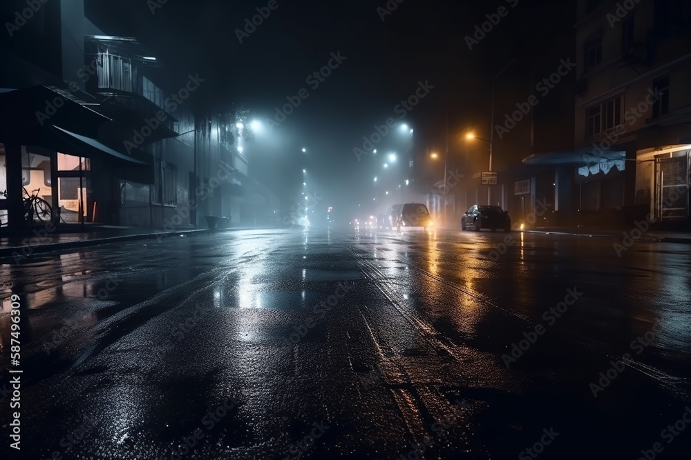 Dark empty street scene with wet asphalt reflecting neon lights ...