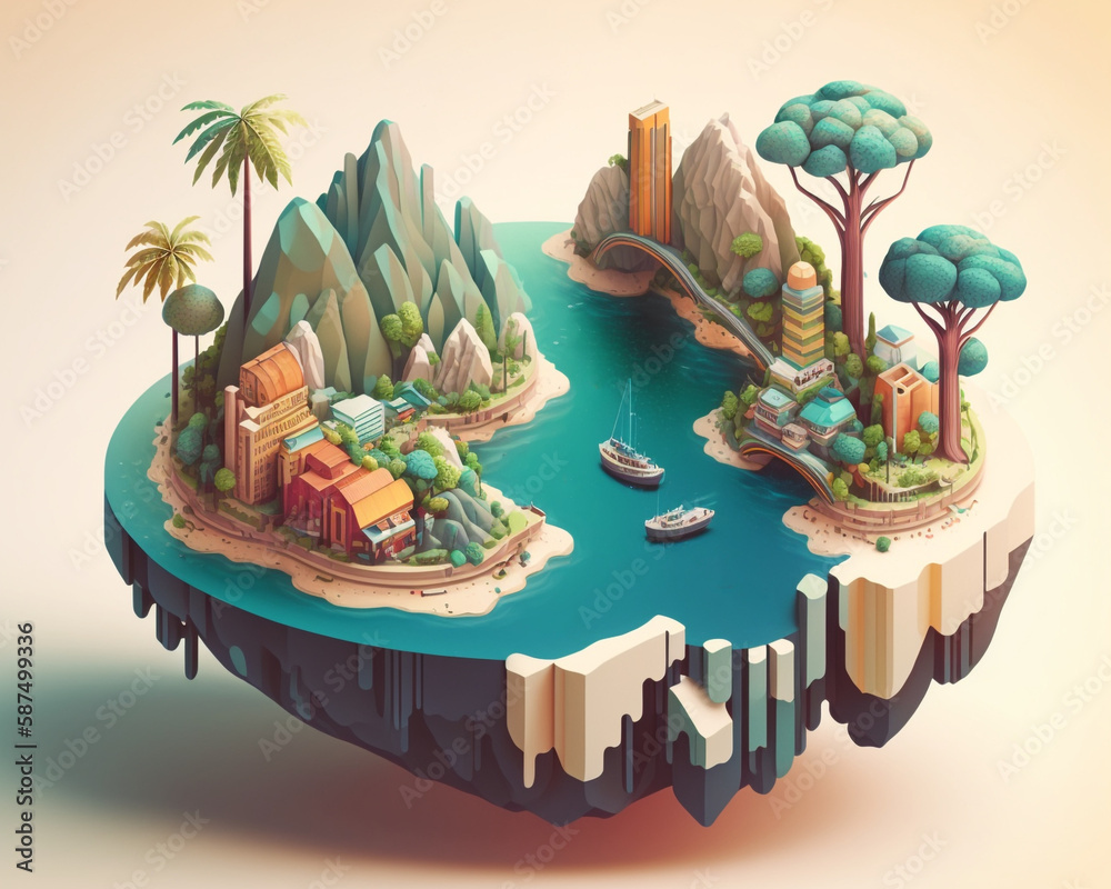 Ai generated illustration of beautiful fantasy paradise island, cartoon ...