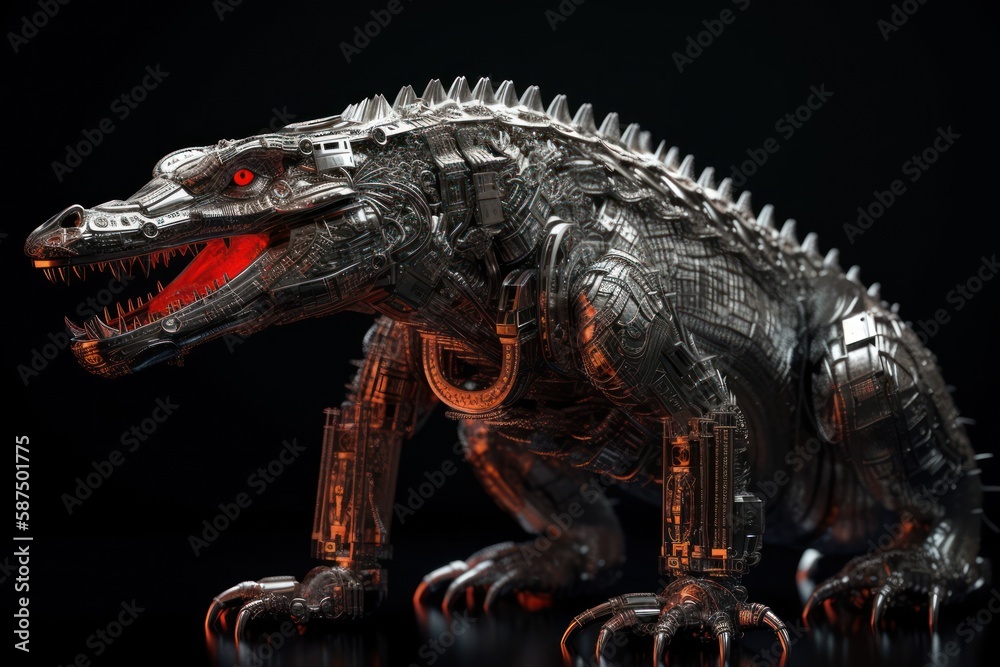 Red Crocodile Mechanized Robotic Creature On Black Background ...