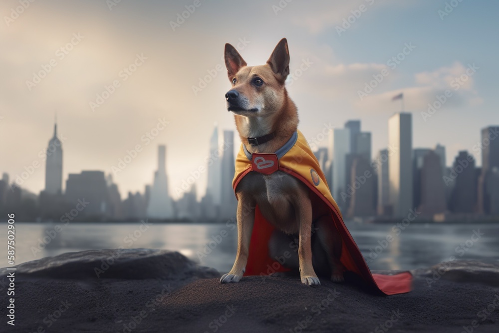 Dog super hero wearing costume with a red mask, new york city in the ...